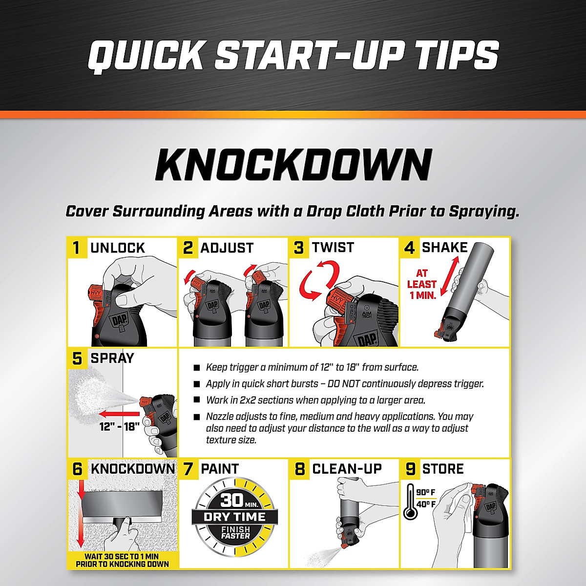 DAP Spray Texture Knockdown Water Based 2n1 Wall & Ceiling Texture Spray with Aim Tech Nozzle, White, 25 Oz (7079850010)