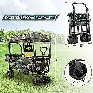 Arlopu Collapsible Garden Cart w/Removable Canopy, Extra Large Folding Utility Wagon Carts w/7" Wheels, Heavy Duty Outdoor All Terrain Beach Wagon for Camping, Shopping, Picnic, Sports (Camouflage)