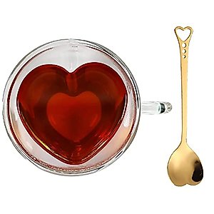Lucy Sui Heart Shaped Cup - Double Walled Insulated Glass Coffee Mug or Tea Cup - Double Wall Glass 8oz (240ml) - Clear - Unique & Insulated with Handle - With Teaspoon