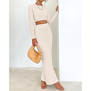 BTFBM Women's Fashion 2 Piece Outfits 2023 Fall Winter Long Sleeve Bodycon Pullover Tops Ruched Mermaid Maxi Skirt Set(Solid Beige, Large)