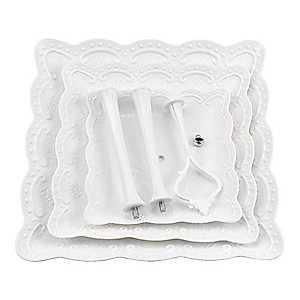 Doryum Three Tiers White Cake Display Stand with Fittings, Plastic Square Cake Stand Display Fruit Plate, Dessert Stand, Cupcake Stand Party Serving Platter Stand for Birthday Weeding Party