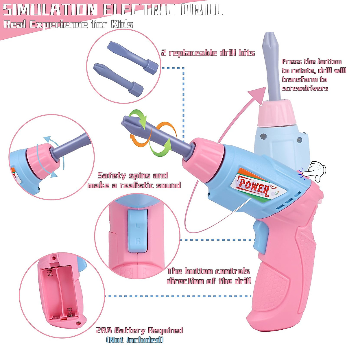 Kids Tool Set, 48PCS Toddler Tool Set with Electronic Toy Drill & Kids Tape Measure,Pretend Play Construction Toys Costume with Kids Tool Belt & Gloves,Toy Tools Box for Girl Boy Ages 3-8