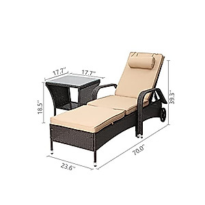Fit Choice 2 Piece Wicker Patio Chaise Lounge Set, Patio Lounge Chair W/Wheels, 5 Adjustable Back Position, Pressure Relief Cushion, W/ 1 Tempered Glass Bistro Table Dark Grey