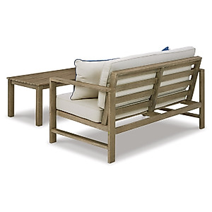 Signature Design by Ashley Outdoor Fynnegan Patio Eucalyptus Loveseat & Coffee Table, Beige with Blue Pillows