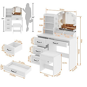Vabches Makeup Vanity Desk with Lights and 4 Drawers, White Vanity Set Makeup Table Lots Storage, 3 Lighting Colors, Large Size 39.4in(L), White-L