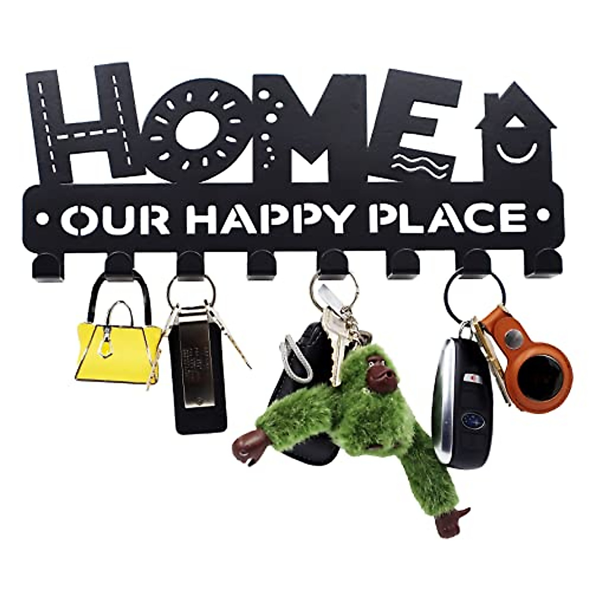 Decorative Key Holder for Wall | Maple & Six - Wall Mounted Key Holder with 8 Hooks |Keyring Organizer| Black | 12 x 4.5 x 1 Inches (Home- Our Happy Place)