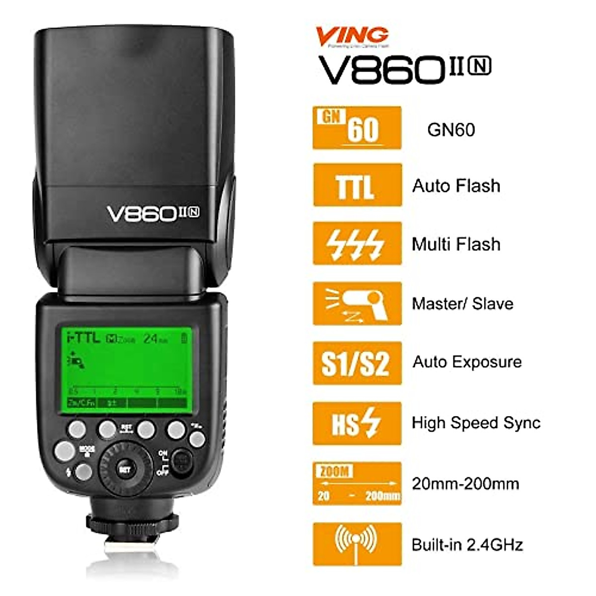 Godox V860II-N V860II Flash for Nikon, 2.4G TTL GN60 1/8000S HSS Nikon Speedlite, Rechargable Li-ion Battery, 650 Full Power Flashes, External Flash Compatible for Nikon Cameras