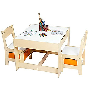 Kinlife Kids Table and Chair Set - 3 in 1 Wood Activity Table and 2 Chairs,Toddlers Arts Crafts Drawing Reading Playroom, Tabletop Storage Space Gift for Boys & Girls