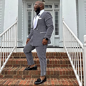 Allingentle Polka Dots Suits for Men Dark Blue & White Men's Suits Flocking Dinner Dress Jackets for Men Blazer Wedding Tuxedo Mens Suits Regular Fit 2 Piece (Blazer + Pant)