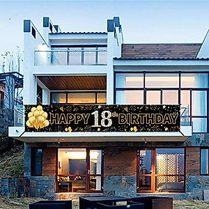Pimvimcim Happy 18th Birthday Banner Decorations for Girls Boys - Large 18th Birthday Party Sign Backdrop - Gold 18 Year Old Birthday Party Decorations Supplies Background(9.8x1.6ft)