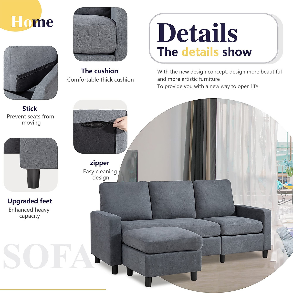 SUNLEI 79'' Convertible Sectional Sofa, L Shaped Couch Reversible Chaise Modern Linen Fabric for Small Space(Dark Grey)