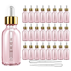 KURTOTEP 24 Pack 2 oz Glass Dropper Bottle with Top Cap Pink Tincture Bottles, 2 Plastic Eye Droppers Measured Pipettes, Essential Oil Bottles Perfume Cosmetic Travel Liquid Containers (pink, 24)