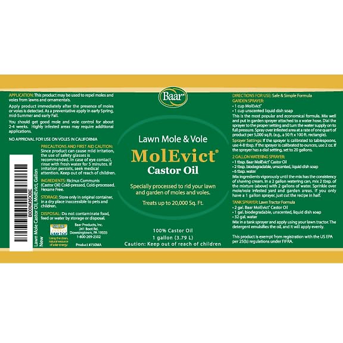 Baar Products - MolEvict Lawn Mole Castor Oil - Lawn & Garden Protection - Up to 20,000 Sq. Ft. of Coverage - 1 Gallon
