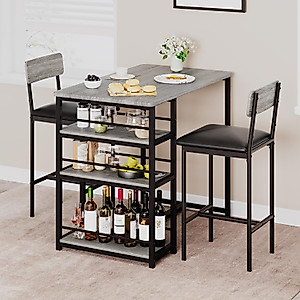 GAOMON Dining Table Set for 2, Kitchen Table and Chairs for 2 with Upholstered Chairs, 3 Piece Counter Height Bar Kitchen Table Set with 3 Storage Shelves for Small Space, Apartment, Rustic Gray