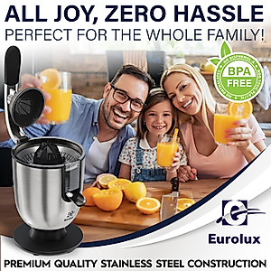 Eurolux Electric Citrus Juicer Squeezer, for Orange, Lemon, Grapefruit, Stainless Steel 160 Watts of Power Soft Grip Handle and Cone Lid for Easy Use (ELCJ-1700S)