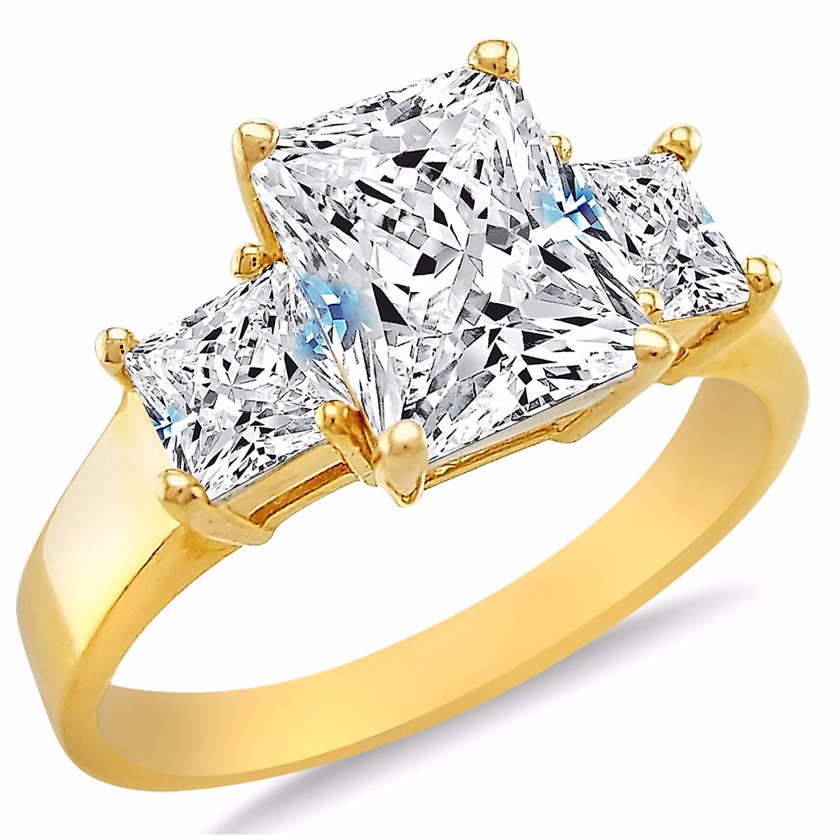 Size 4.5 - Solid 14k Yellow Gold 3 Three Stone Emerald-Cut/Shape Solitaire with Princess Cut Side Stones CZ Cubic Zirconia Engagement Ring 2.5ct.