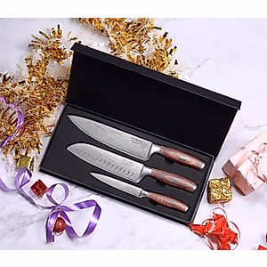 PICKWILL Kitchen Knife Set, 3-Piece Chef Knife Set, Sharp Knives Set with Wooden Handle, High Carbon Stainless Steel Professional Kitchen Knives, Elegant Gift Box for Home or Restaurant