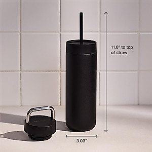 Fellow 20 oz Carter Water Bottle with 2 Lids - Leak-Proof Lid with Metal Handle - Cold Lid with Straw - Ceramic Interior & Vacuum-Insulated Stainless Steel - Matte Black