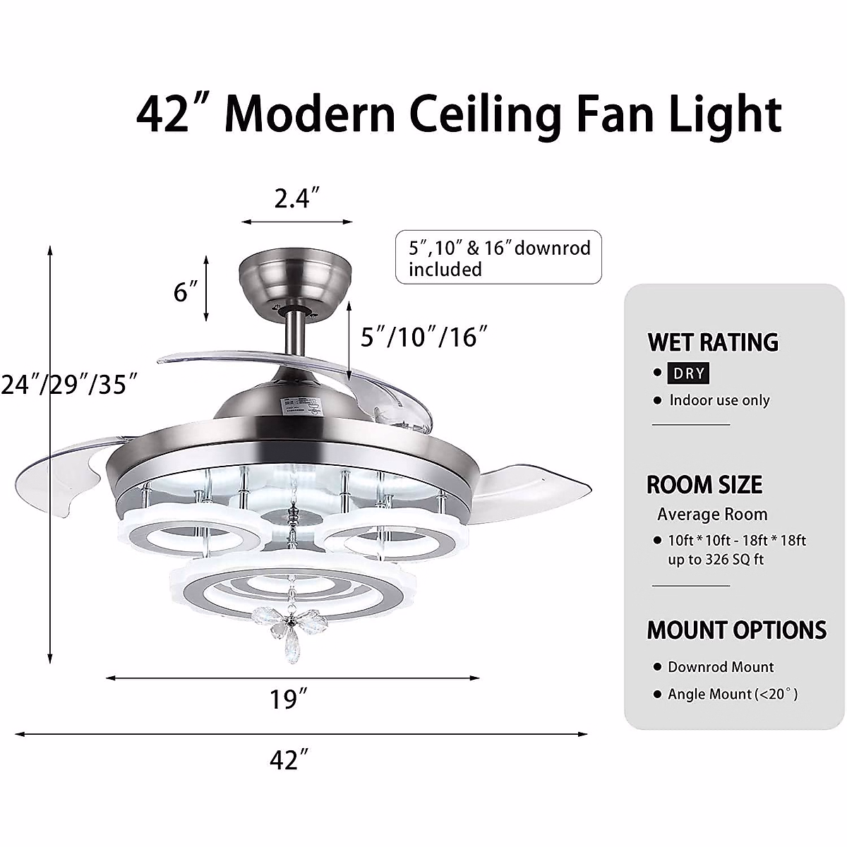 42" Modern Chandelier Fan Ceiling Fan with Lights and Remote Control for Bedroom Modern Ring Chandelier Fan with Retractable Blades for Foyer Chandelier