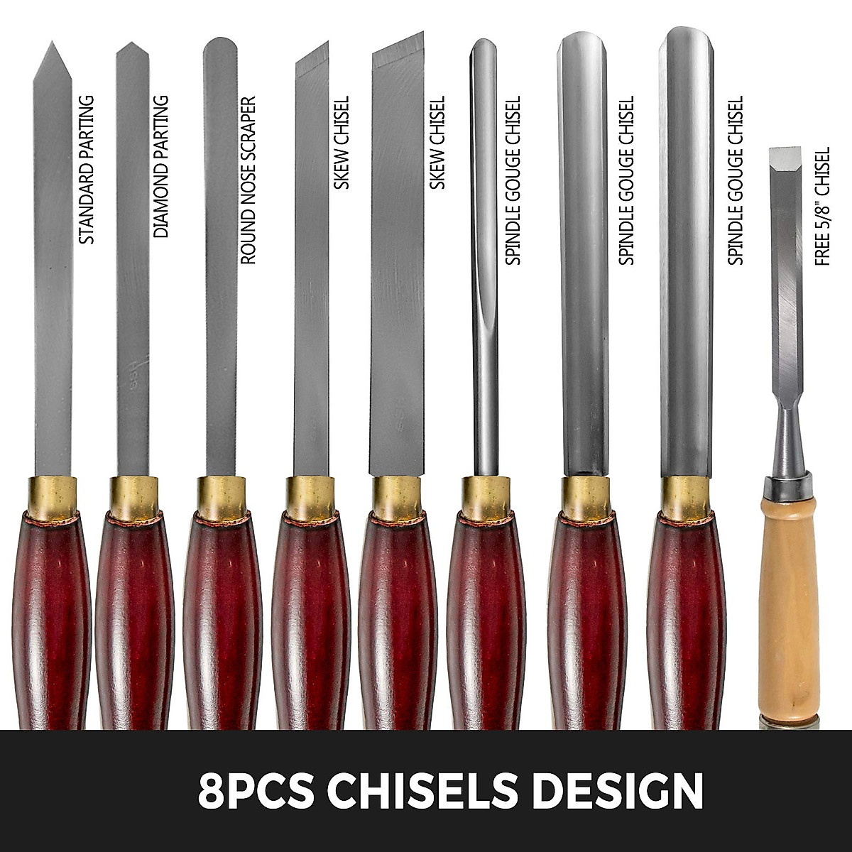 Mophorn Woodworking Lathe Chisel Set 8 Piece Set Lathe Chisel HSS Steel Blades Wood Turning Tools Wooden Case for Storage for Wood Carving Root Carving Furniture Carving Lathes Red