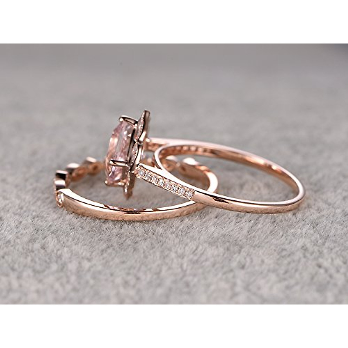2pcs Morganite Bridal Ring Set,Engagement Ring Rose Gold,Diamond Wedding Band,14k,7mm Cushion Cut,Promise Ring,Retro Vintage Floral,Art Deco
