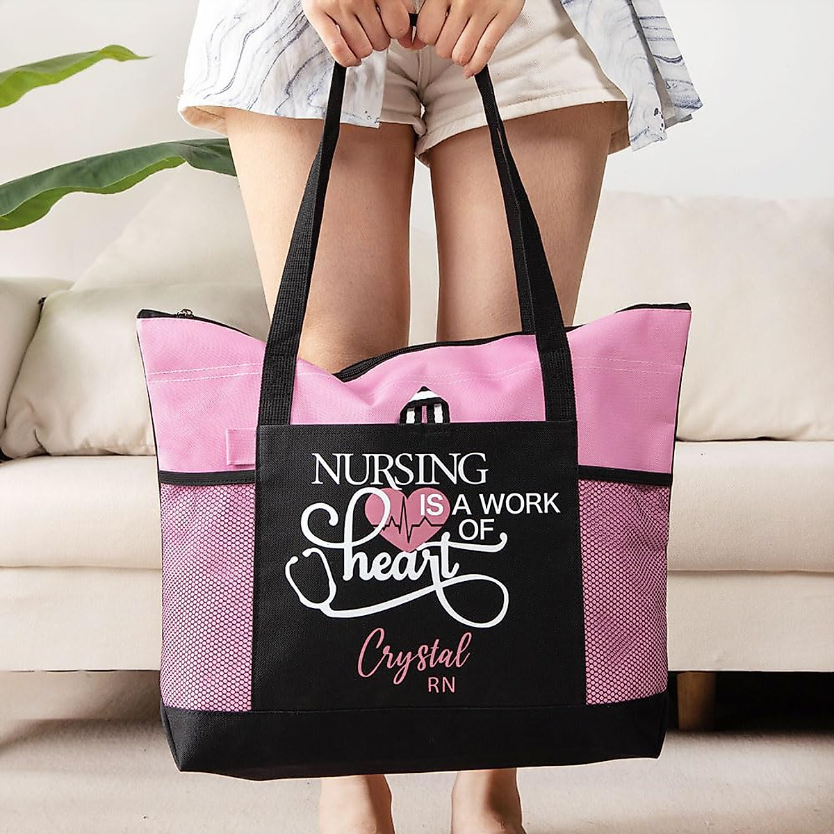 callie Personalized Nurse Tote Bag for Women, Nursing Is A Work of Heart Bags with Zipper, Nurse Appreciation Gift Nurse Week Gift