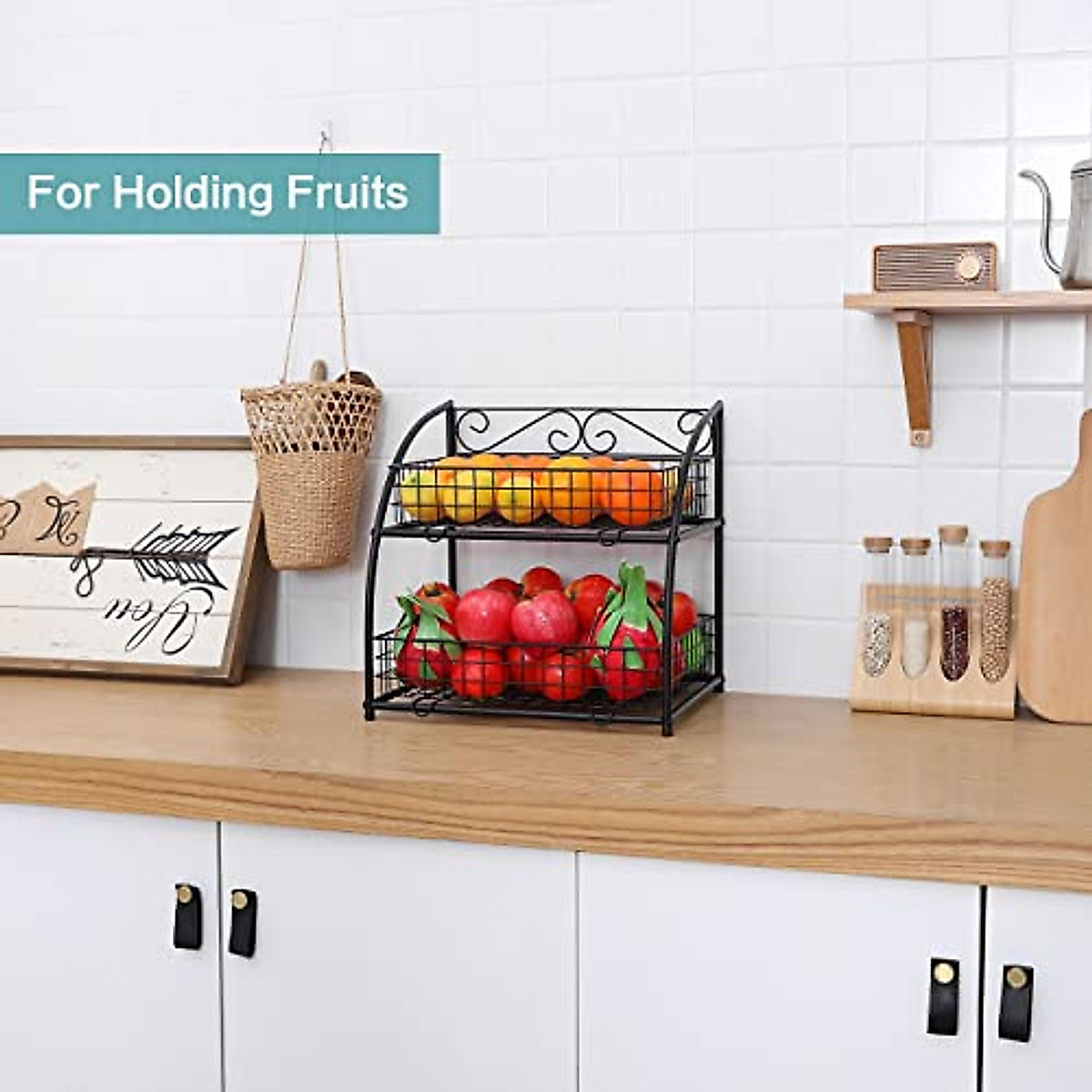 Fruit Basket for Kitchen, Fruit and Vegetable Storage Bowl Stand with Quality Metal Frame, Detachable, Large Capacity, 2 Tier Wire Produce Basket Fruit Holder for Kitchen Countertop Dining Table