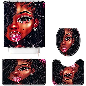 Byitre 4PCS Shower Curtain Set with Rugs,Toilet Lid Cover and U-Shaped Mat,African American Shower Curtains for Bathroom Waterproof Polyester Black Women Bathroom Sets, 71'' x 71''