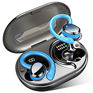 Wireless Earbud, Sport Bluetooth 5.1 Earbud with Earhooks Wireless Earphones in-Ear with Immersive Sound, Bluetooth Headphones IP7 Waterproof, Noise Cancelling, Dual LED Display, 48H Playtime, Blue