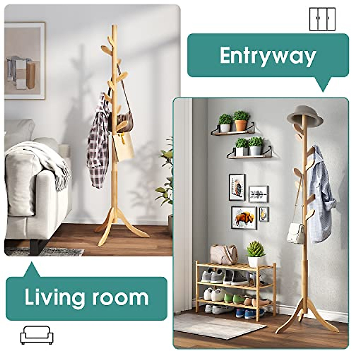 viewcare Coat Rack Free Standing, Adjustable Coat Tree with 8 Hooks, Bamboo Coat Stand for Entryway, Hallway, Corner, Bedroom & Office, Sturdy Coat Rack for Coats, Hats, Scarves, and Handbags