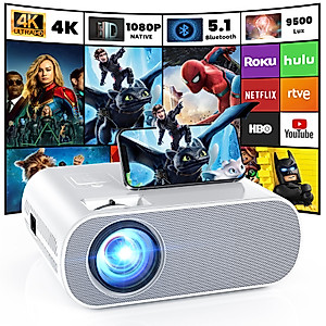 Projector, Native 1080P Full HD Bluetooth Projector with Speaker, Outdoor Portable Movie Mini Projector Compatible with Laptop, Smartphone, TV Stick, Xbox, PS5