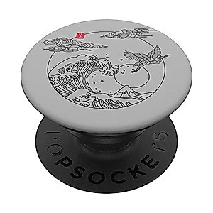 Japanese Vintage Line Art Crane The Great Wave off Kanagawa PopSockets Swappable PopGrip