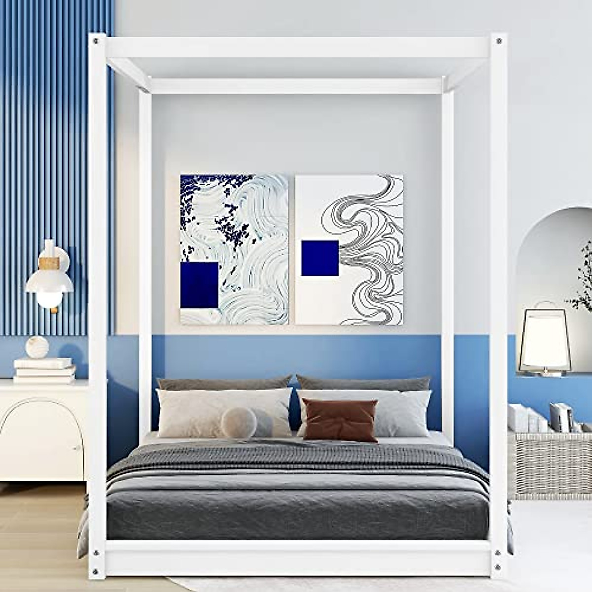 Harper & Bright Designs Full Canopy Bed Wood 4 Poster Panel Beds, Floor Bed Frame Full with Solid Wood Slat Support, Full Size Platform Bed for Kids Teens Adults, No Box Spring Needed, White