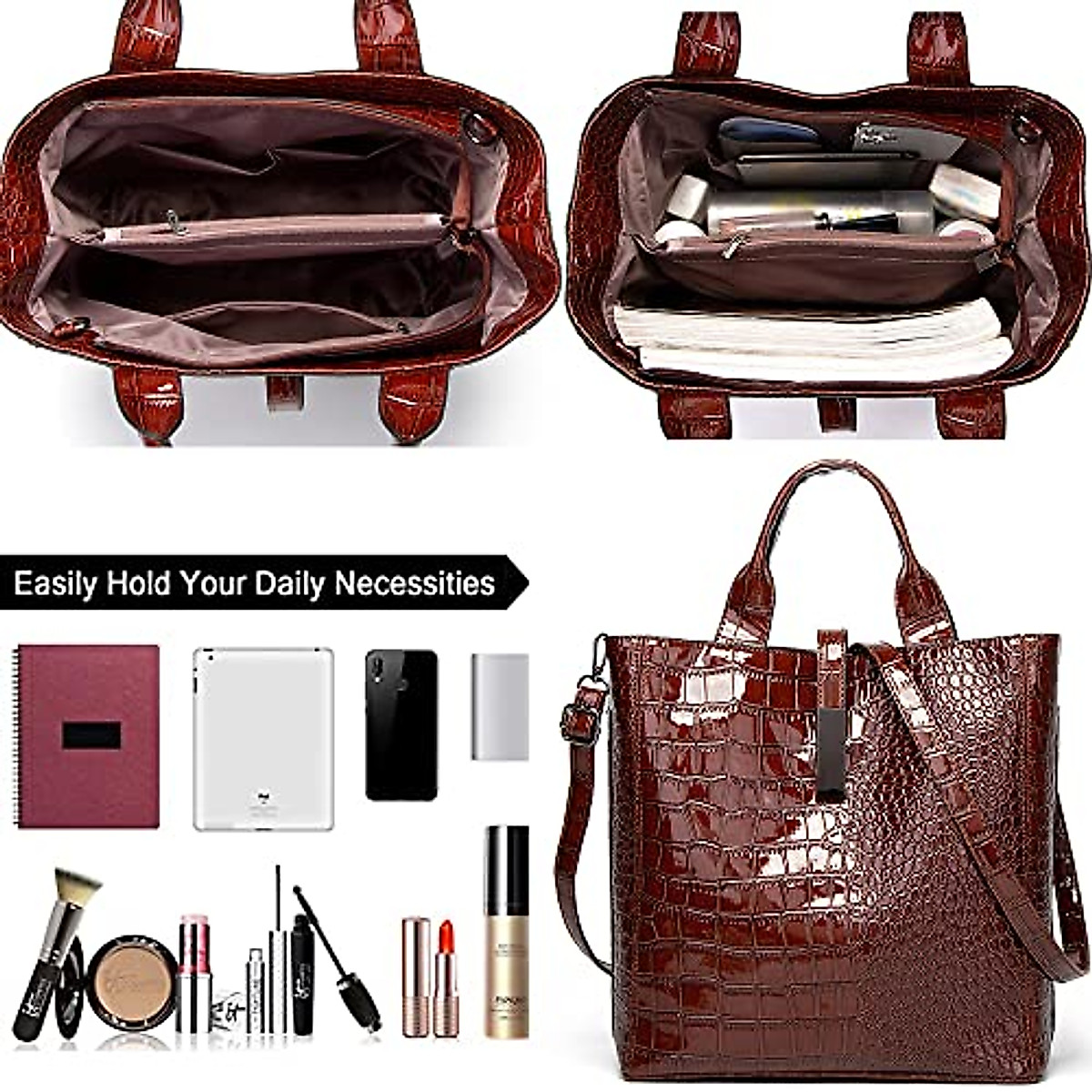 ZiMing Women Handbags and Purses Set Glossy Crocodile Pattern Leather Tote Bags Cross-body Bag Satchel Handbag Wallet Wristlets Bag 3 Pcs -Brown