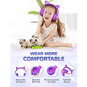 iClever Cat Ear Kids Bluetooth Headphones, LED Lights Up, 74/85/94dB Volume Limited, 50H Playtime,Bluetooth 5.2, USB C,Kids Headphones Wireless Over Ear for Travel iPad Tablet, Meow Macaron-Hot Pink