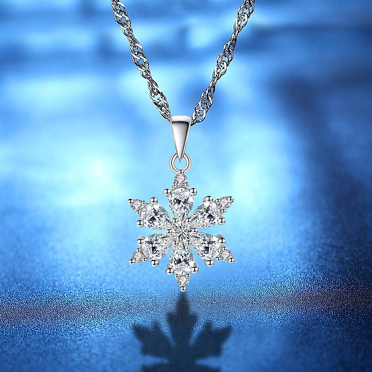 OKA Lucky Snowflake Necklace Long Pendant Necklace with White Cubic Zirconia Silver Jewelry Christmas New Year Holiday Gifts for Women Girls