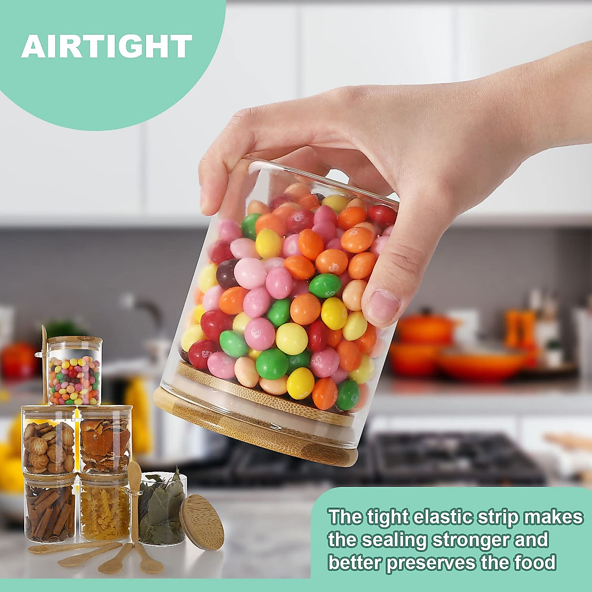 Set of 6 Spice Jars with Bamboo Lids, 16oz Glass Jars with Airtight Bamboo Lids & Bamboo Spoons Labels Pen Clean Brush Glass Storage Containers for Pantry Organization,Candy,Cookie, Tea and Spice Jar