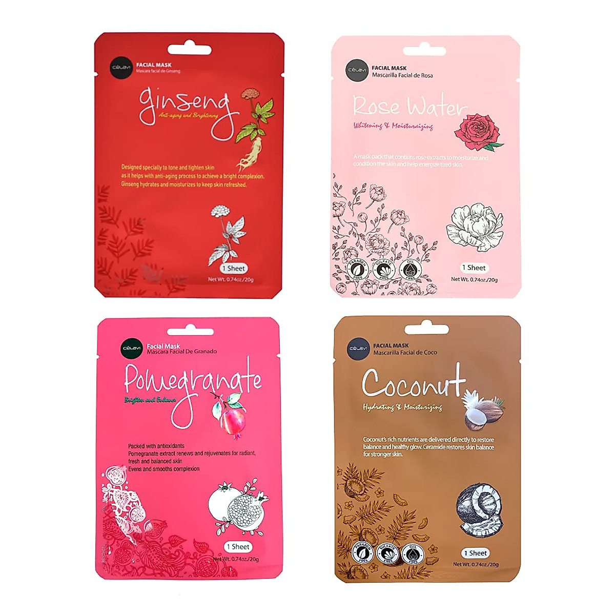 Celavi Essence Facial Sheet Face Mask Variety Set (17-Packs) Classic Korean Skincare