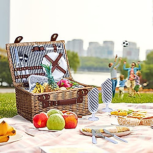 SatisInside Picnic Basket for 2 Wicker Picnic Set with Insulated Liner for Camping,Wedding,Valentine Day,Gift - Reinforced Handle, Grey Stripes