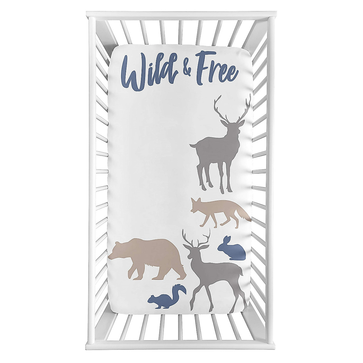 Sweet Jojo Designs Woodland Animals Boy Fitted Crib Sheet Baby or Toddler Bed Nursery Photo Op - Blue, Grey and Tan Wild and Free Bear Deer Fox