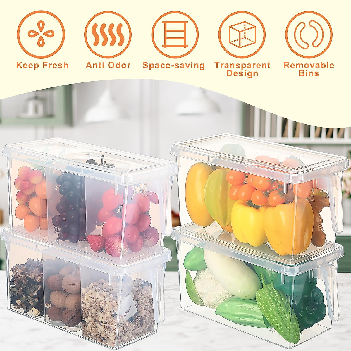 Quzzil 4 Pcs Fridge Organizer Refrigerator Organizer Bins with Lids and Handle Clear Fruit Storage Containers for Fridge Vegetable, Egg, Meat (Divided and Normal Style)