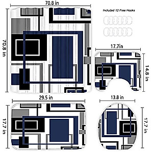 RENKTE 4 Pcs Blue and White Geometric Shower Curtain Sets with Rugs, Abstract Geometric Bathroom Decor Set with Non-Slip Rugs Toilet Lid Cover and Bath Mat, Waterproof Shower Curtains with 12 Hooks