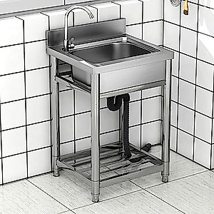 Free Standing Utility Sink, single Bowl Kitchen Sink Outdoor Sink Station, with Hot and Cold Faucet Drain Basket, Shelf, Towel Bar, for Garage, Laundry Room, Outdoor (21 Inch)