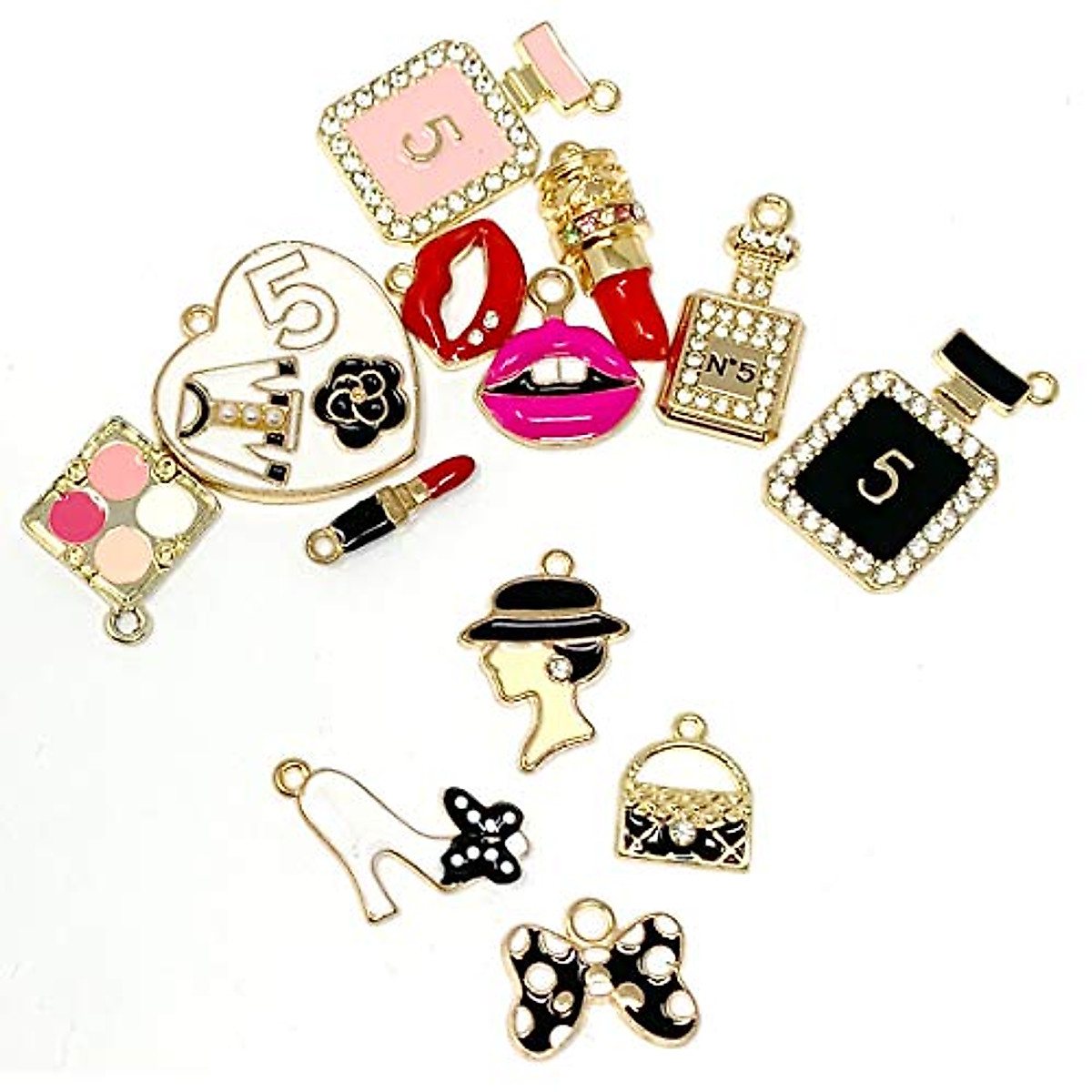 JIALEEY Assorted Gold Plated Enamel Lipstick Perfume Fashion Style Charm Pendant DIY for Necklace Bracelet Jewelry Making and Crafting, 13PCS