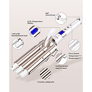 CkeyiN 3 Barrel Curling Iron Wand Hair Waver with LCD 16 Temperature Control Display, Ceramic Tourmaline Crimper Hair Iron with Glove, for All Hair Types Crimper Beach Waving Styling (Display)