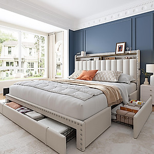 EnHomee Queen Bed Frame with 3 Drawers,Bed Frame Queen Size with Upholstered Headboard and Storage,2-Tier Shelves,1100LBS for Strong Support, No Box Spring Needed,Easy Assembly,No-Noise,Beige