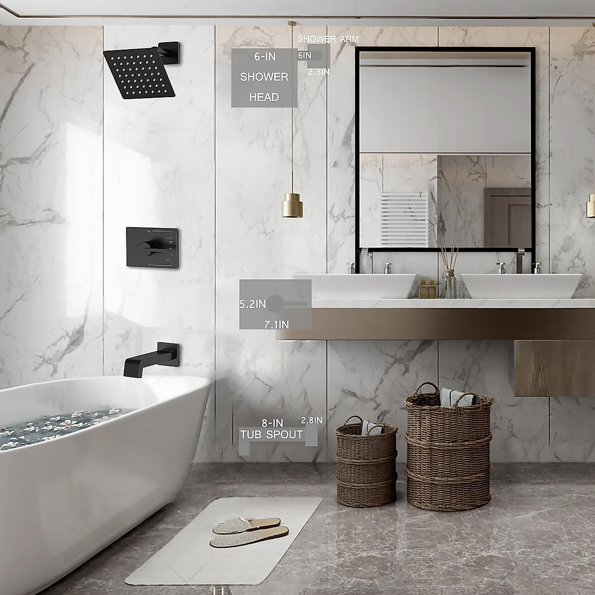 SOOOHOT Shower Fixtures, Black Shower Faucet Set with 6 Inch Matte Black Shower Head and Tub Spout, Black Shower Head and Handle Set (Valve Included)