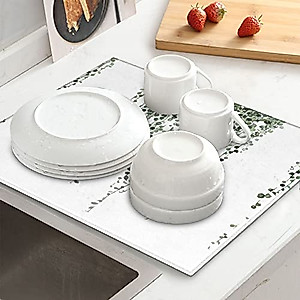 Green Plants Printed Drying Mat For Kitchen Ultra Absorbent Microfiber Dishes Drainer Mats Non-Slip Silicone Quick Dry Pad - 18 X 16inch