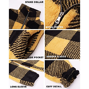 BTFBM Women Sherpa Pullover Quarter Zip Long Sleeve Fluffy Soft Fleece Jackets Sweaters Sweatshirts Hoodies Outwear Coat (Plaid Black, Medium)