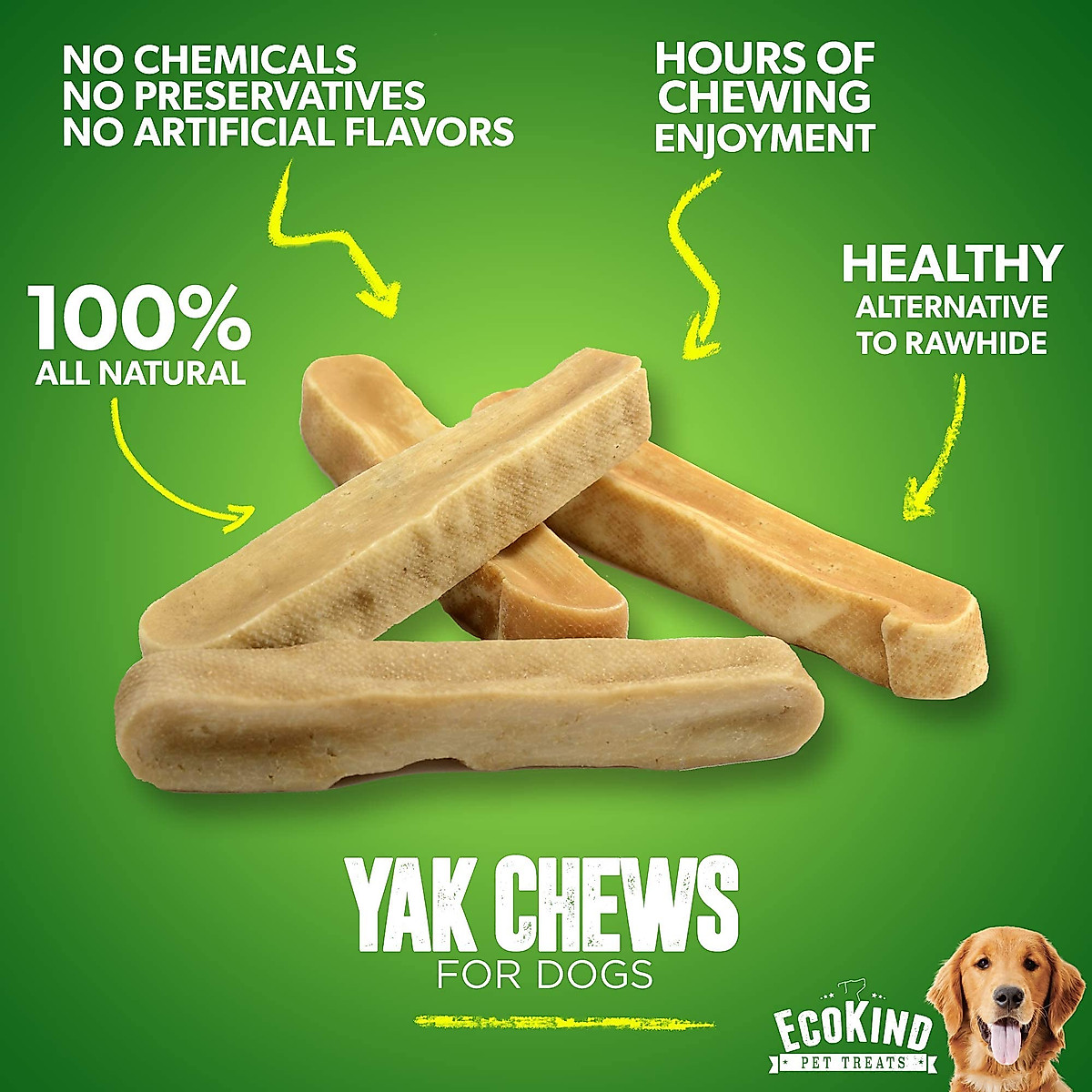 EcoKind Pet Treats Gold Yak Dog Chews | Grade A Quality, Healthy & Safe for Dogs, Odorless, Treat for Dogs, Keeps Dogs Busy & Enjoying, Indoors & Outdoor Use (Large (Pack of 5))